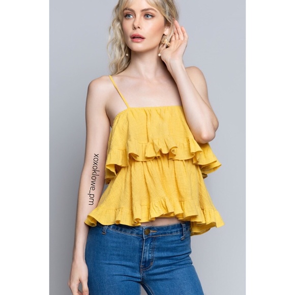 POL | Tops | Pol Yellow Tiered Ruffle Spaghetti Strap Linen Top | Poshmark